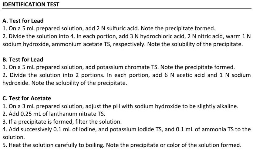 identification test a test for lead 1 on a 5 ml prepared solution add 2 ...