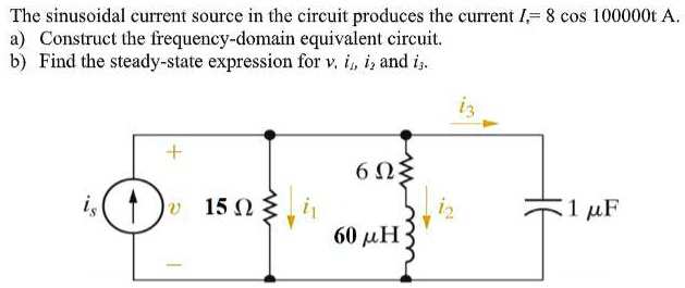 The sinusoidal current source in the circuit produces the current Is = 8 cos(100000t) A. a ...