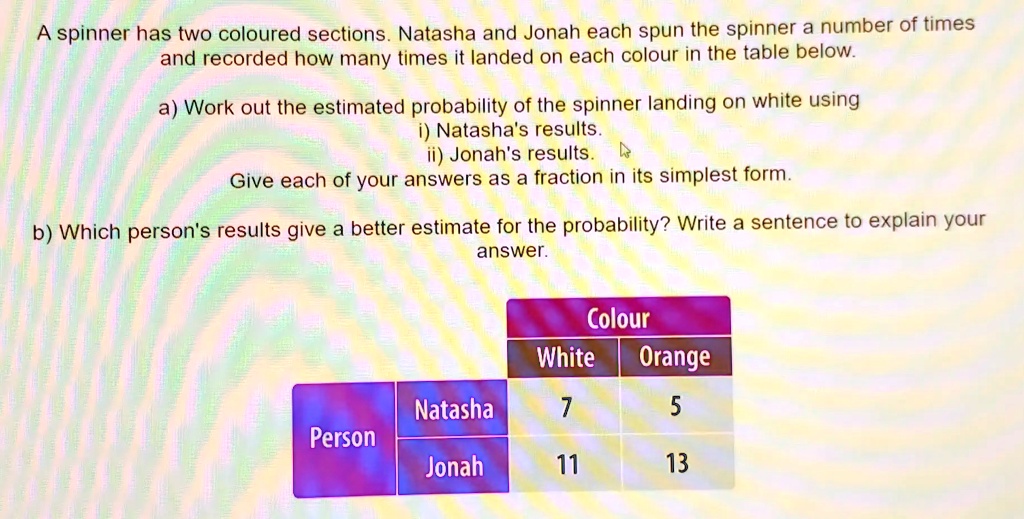 A spinner has two coloured sections. Natasha and Jonah each spun the spinner a number of times ...