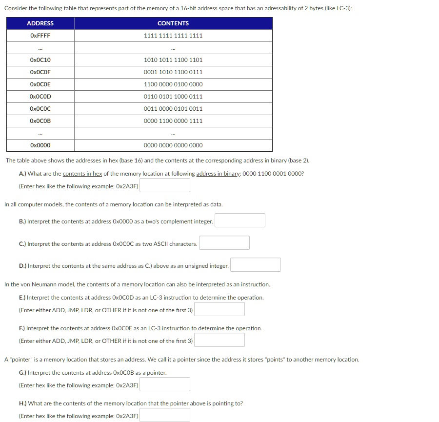 consider the following table that represents part of the memory of a 16 ...