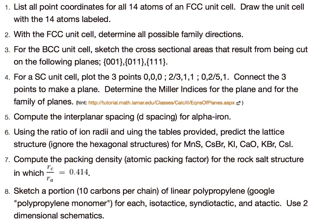 1 list all point coordinates for all 14 atoms of an fcc unit cell draw ...