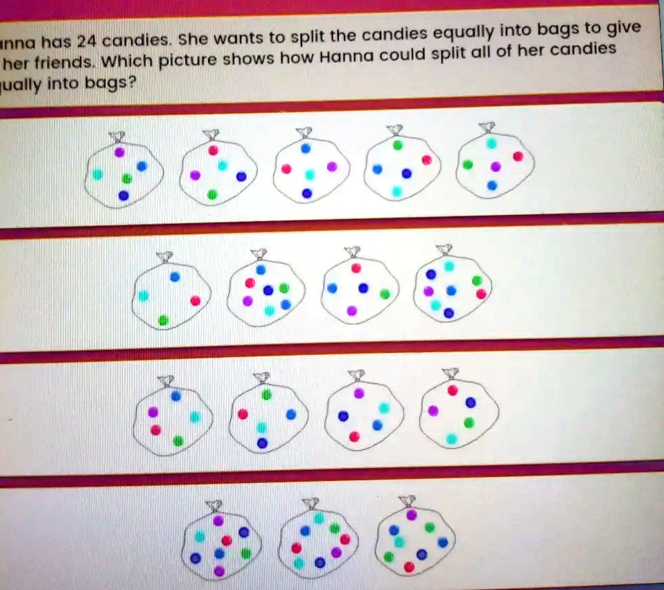 anna has 24 candies. She wants to split the candies equally into bags ...