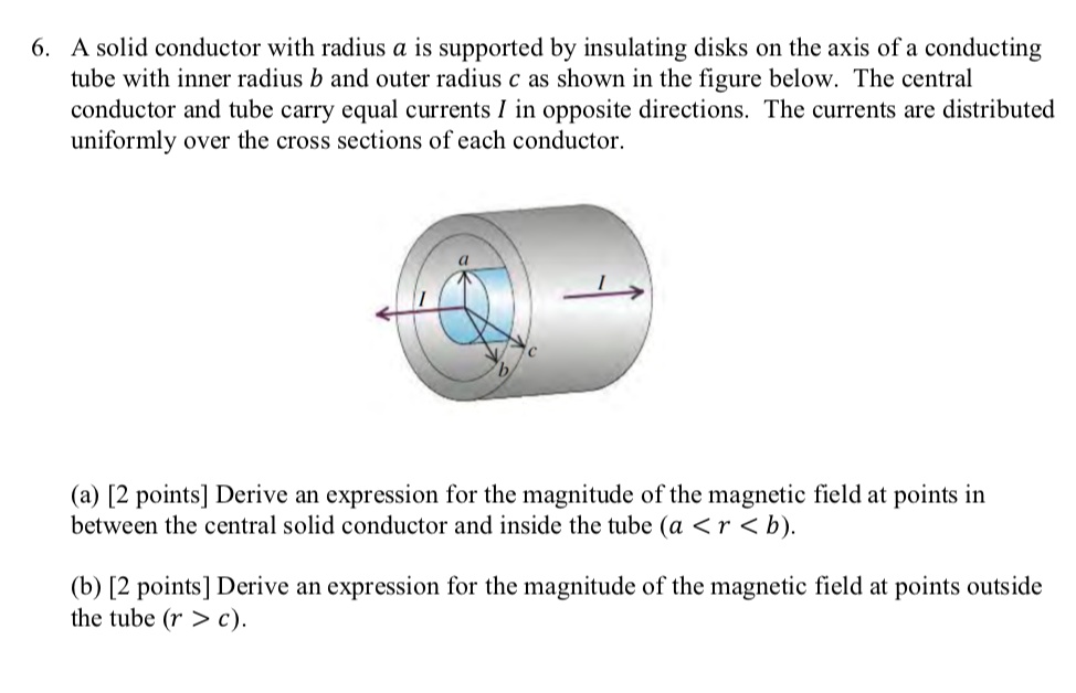 6. A solid conductor with radius a is supported by insulating disks on ...