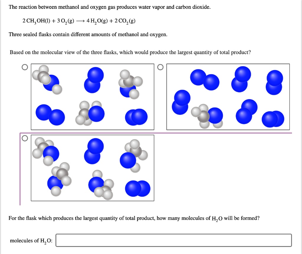 the reaction between methanol and oxygen gas produces water vapor and ...