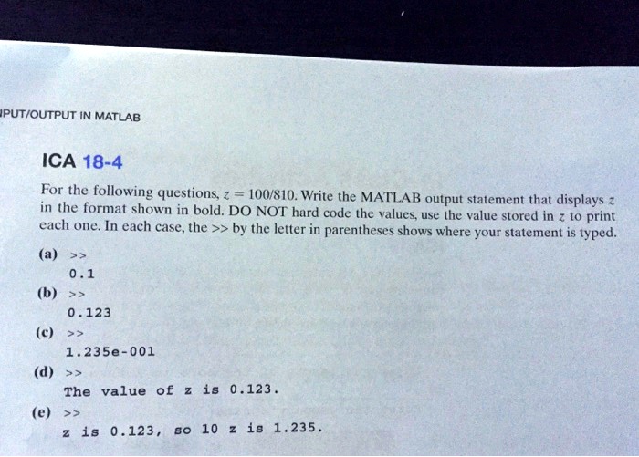 Solved Putoutput In Matlab Ica18 4 For The Following Questions Z 100810 Write The Matlab 