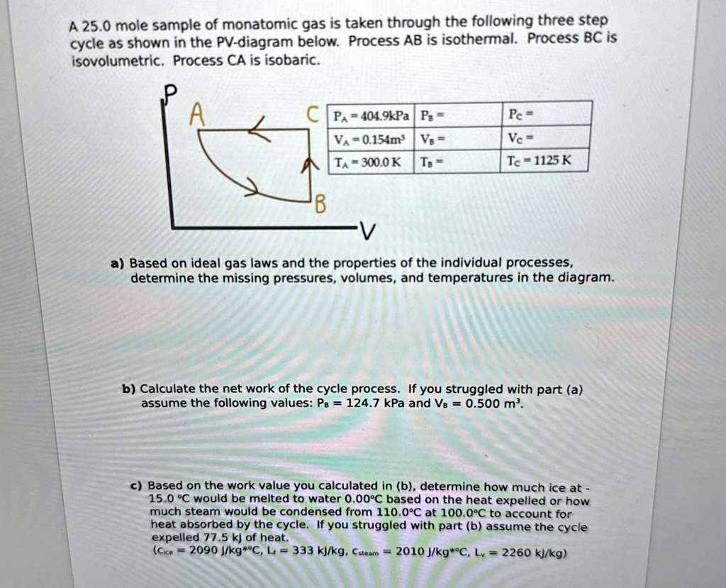 a 250 mole sample of monatomic gas is taken through the following three ...