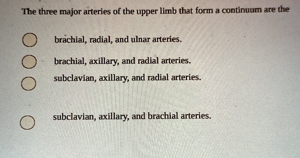 the three major arteries of the upper limb that form a continuum are ...