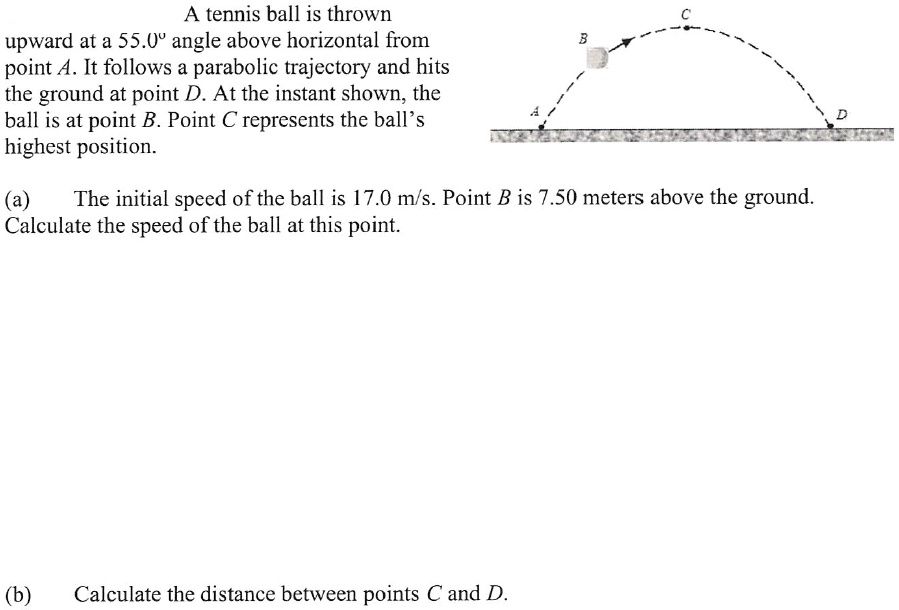 SOLVED:A tennis ball is thrown upward at a 55.0" angle above horizontal from point A. It follows ...