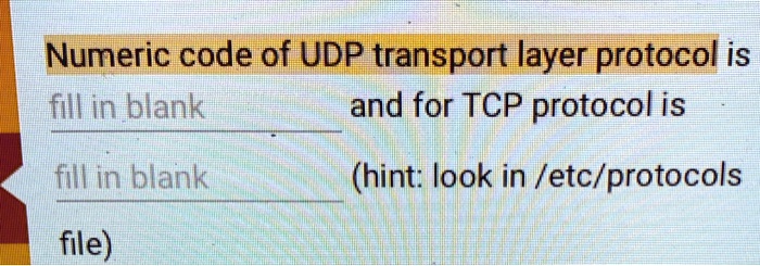 SOLVED: The numeric code of UDP transport layer protocol is [fill in ... SOLVED: The numeric code of UDP transport layer protocol is [fill in ...