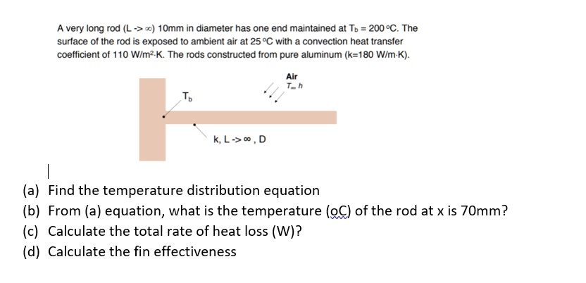 A very long rod (L->?) 10mm in diameter has one end maintained at Tb = 200 °C. The surface of ...