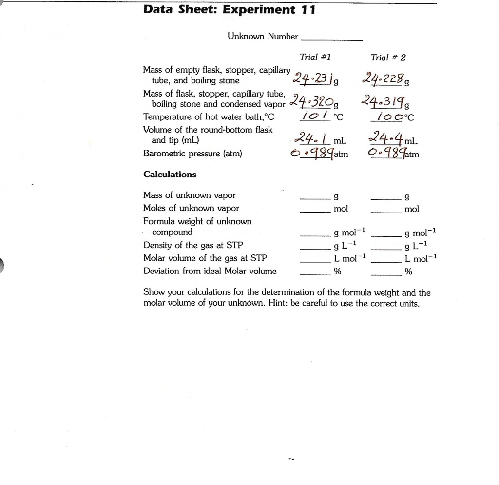 SOLVED: Data Sheet: Experiment 11 Volatile liquid Please do all the calculations located under ...