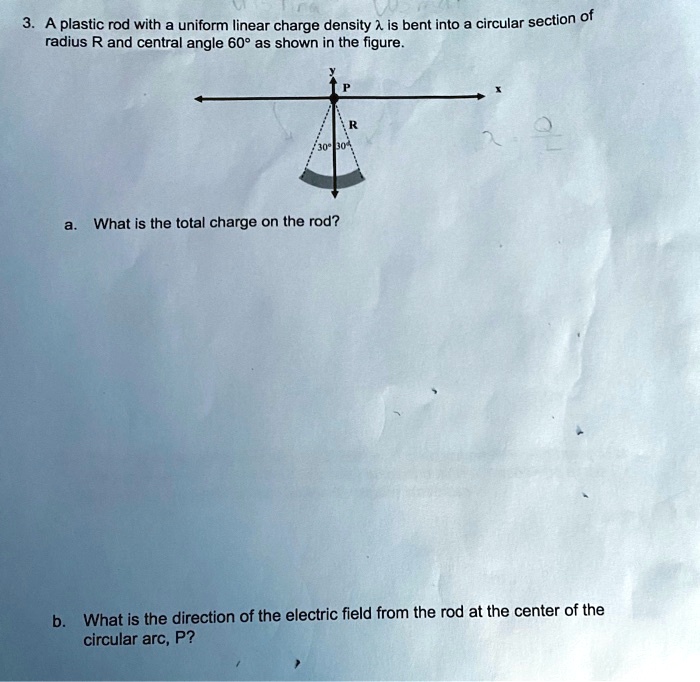 SOLVED: A plastic rod with a uniform linear = charge density is bent into circular section ...