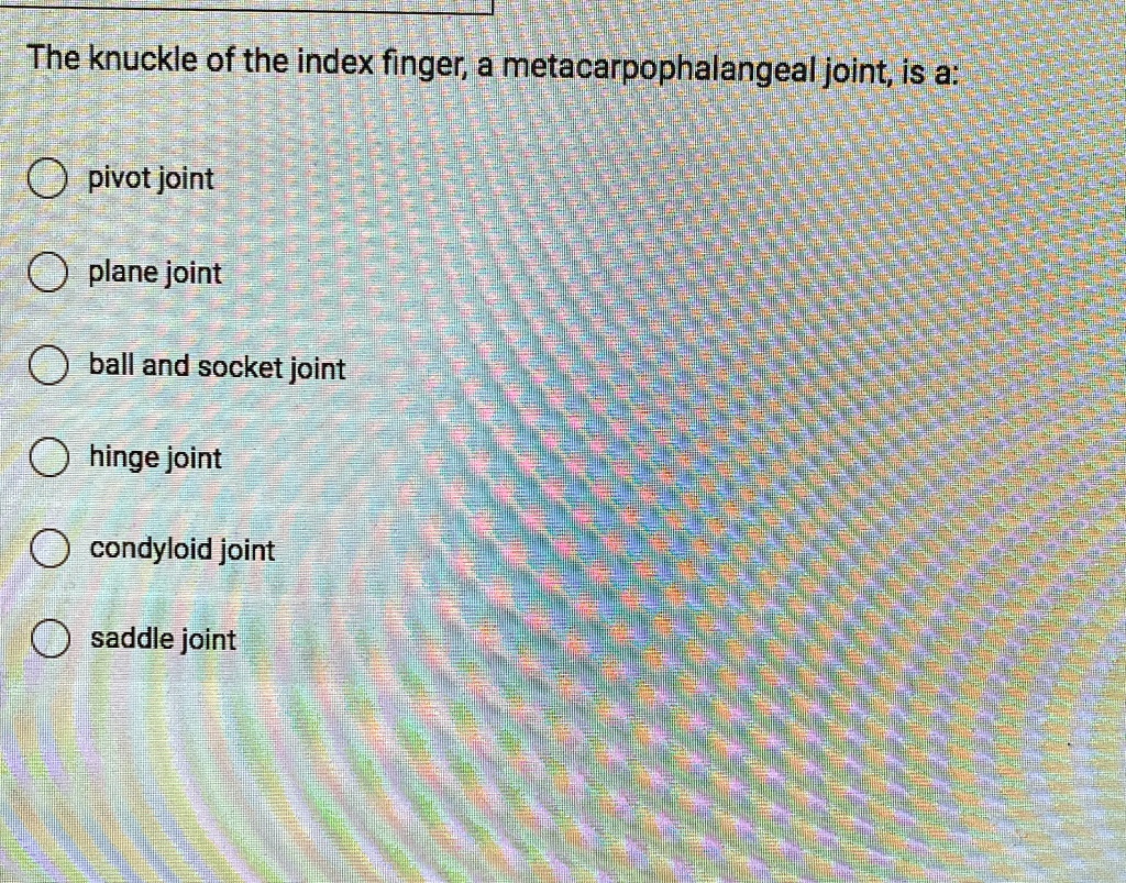 The knuckle of the index finger, a metacarpophalangeal joint, is a ...