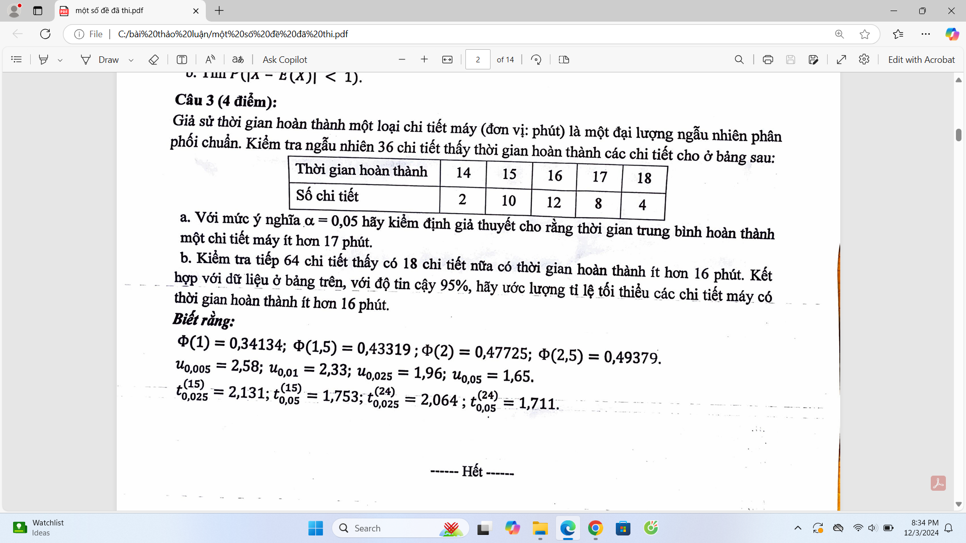Câu 3 (4 ?i?m): Gi? s? th?i gian hoàn thành m?t lo?i chi ti?t máy (??n v?: phút) là m?t ??i l ...