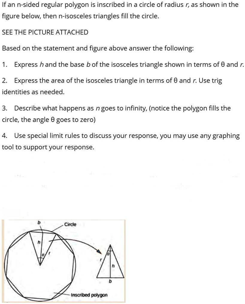 if an n sided regular polygon is inscribed in a circle of radius r as shown in the figure below ...