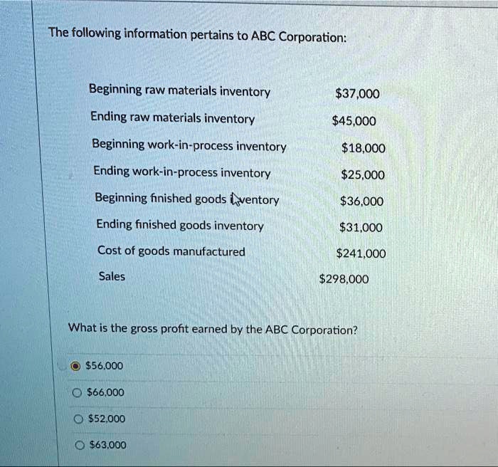 The following information pertains to ABC Corporation: Beginning raw ...