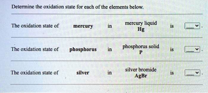 SOLVED: Determine the oxidation state for each of the elements below ...