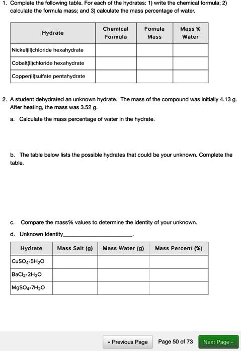 SOLVED: Complete the following table: For each of the hydrates: 1 ...