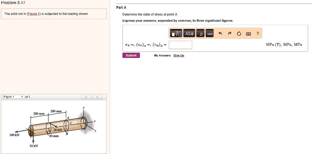 SOLVED: Problem 8.47 Part A The solid rod in Figure 1 is subjected to the loading shown ...
