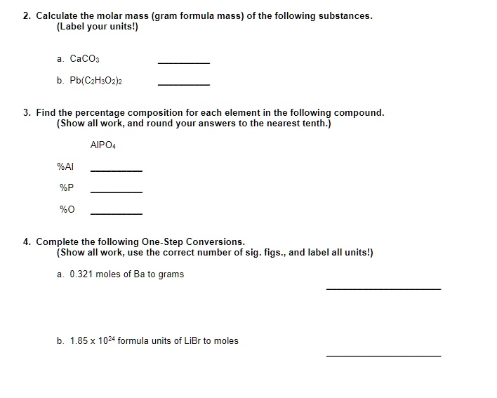 SOLVED: Calculate the molar mass (gram formula mass) of the following ...