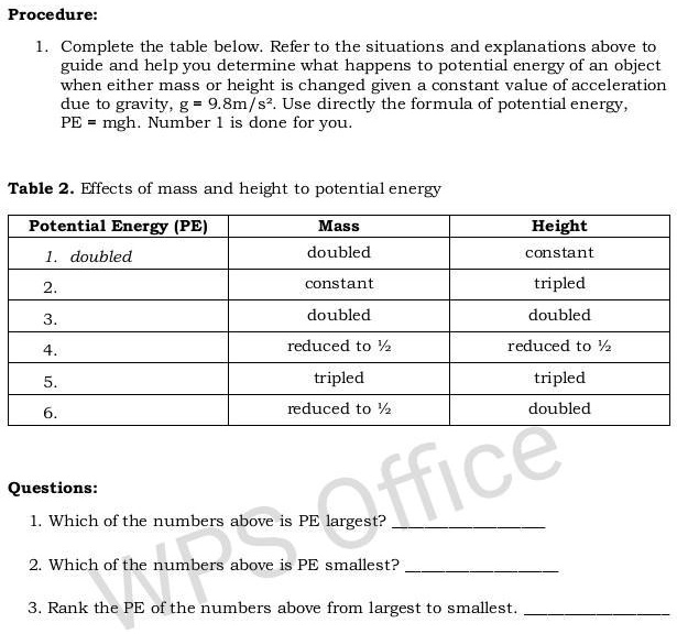 Procedure: 1. Complete the table below. Refer to the situations and ...