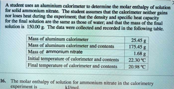 SOLVED: A student uses an aluminium calorimeter to determine the molar enthalpy of solution for ...