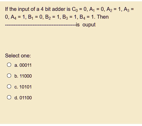If the input of a 4-bit adder is Co = 0, A1 = 0, A2 = 1, A3 = 0, A4 = 1, B1 = 0, B2 = 1, B3 = 1 ...