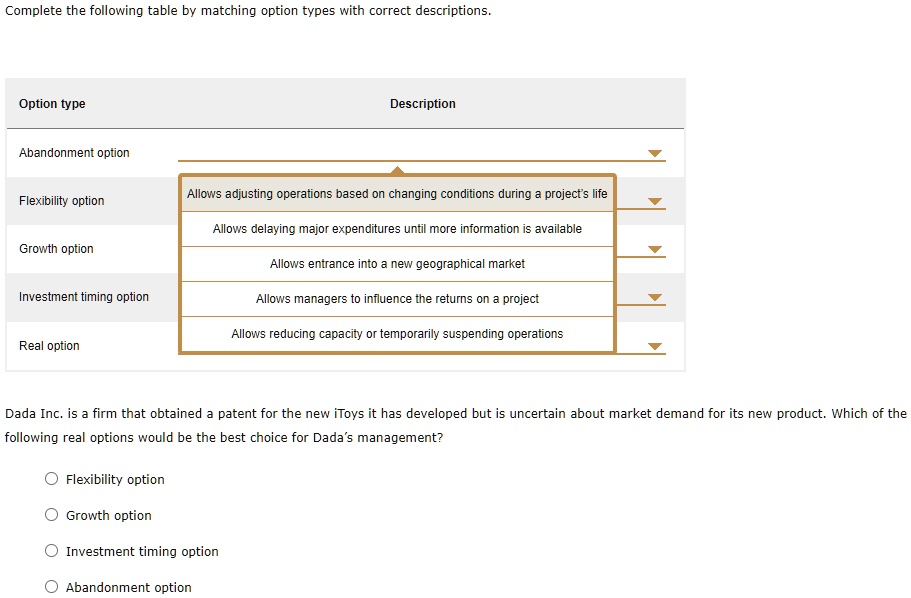 complete the following table by matching option types with correct ...