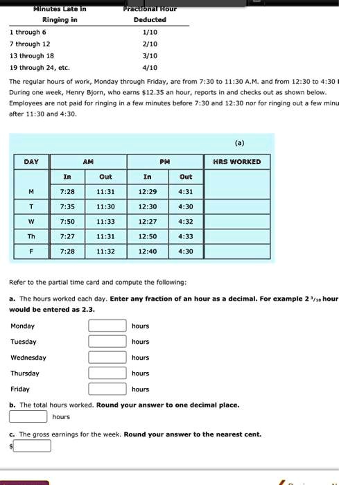 Minutes Late in Ringing in Fractional Hour Deducted 1 through 6 1/10 7 ...