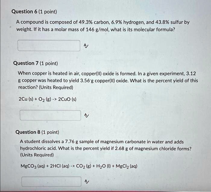 SOLVED: Question 6 (1 point) A compound is composed of 49.3% carbon, 6.9% hydrogen, and 43.8% ...