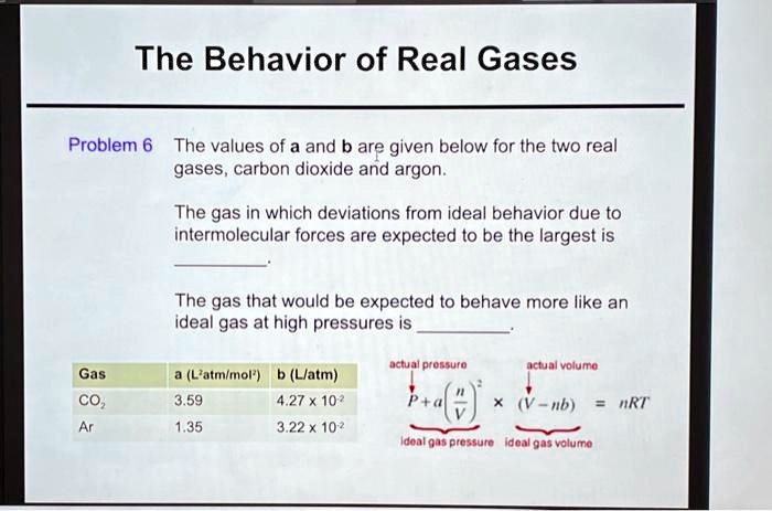 SOLVED: The Behavior of Real Gases Problem 6: The values of a and b are ...
