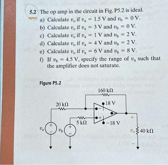 SOLVED: 5.2 The op amp in the circuit in Fig. P5.2 is ideal. PSPICE, a) Calculate (vo) if (va=1. ...
