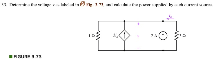 33. Determine the voltage v as labeled in Fig. 3.73, and calculate the power supplied by each ...