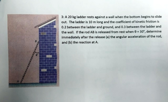 SOLVED: 3: A 20 kg ladder rests against wall when the bottom begins to ...