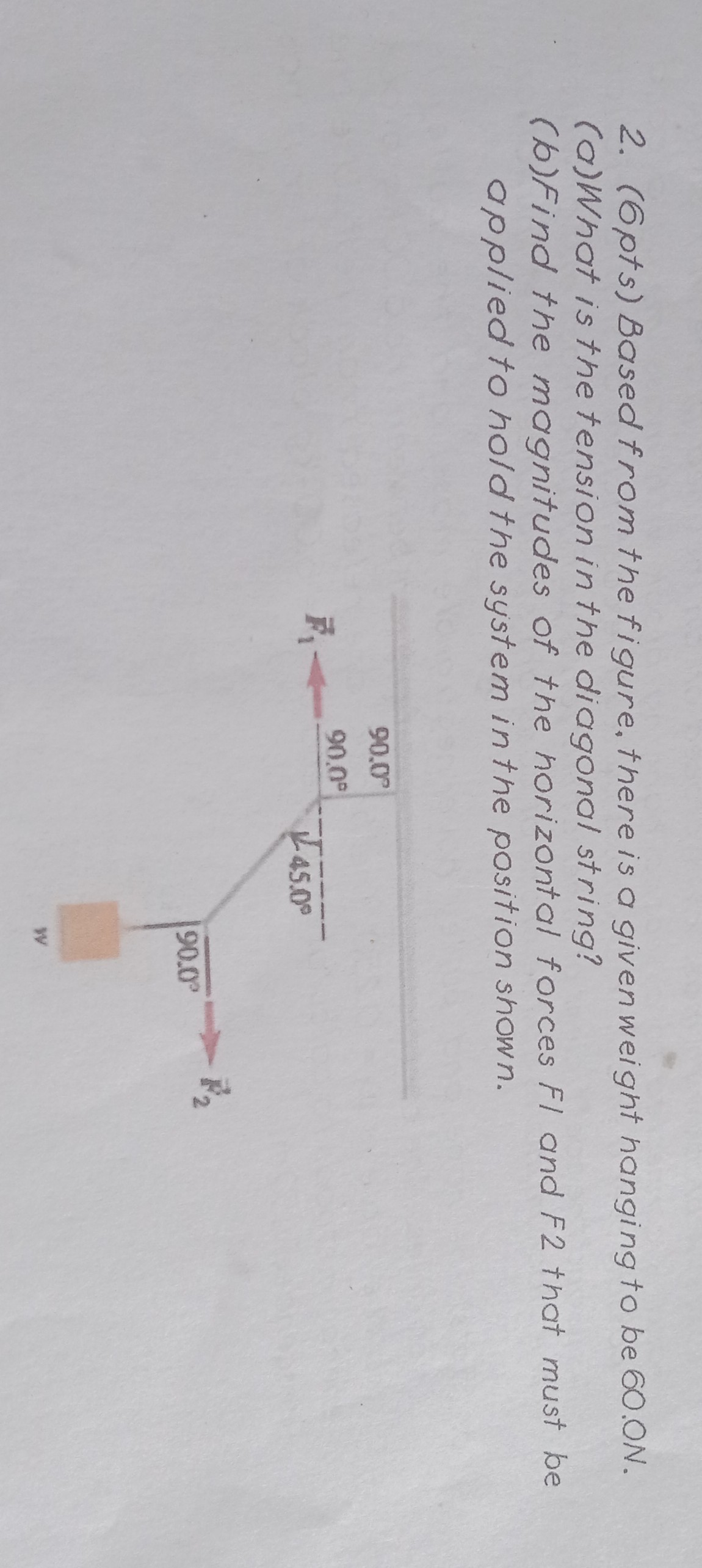 2. ( 6 pts) Based from the figure, there is a given weight hanging to ...
