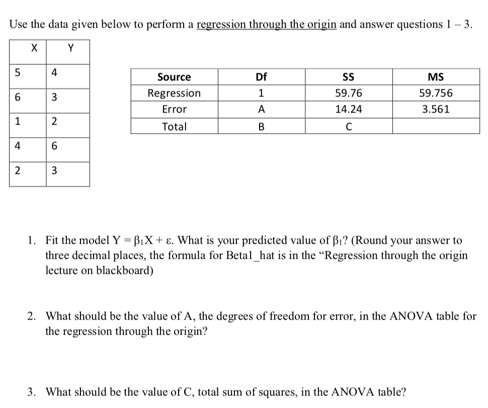 SOLVED:Use the data given below to perform a regression through the origin and answer questions ...