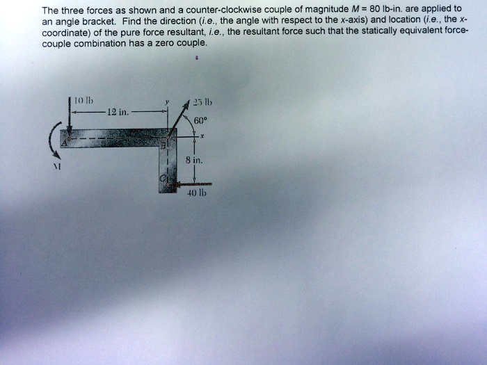 SOLVED: The three forces, as shown, and a counterclockwise couple of ...