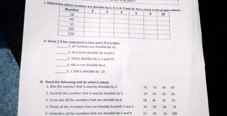 with 0 1. Determine which numbers are divisible by 2, 3, 5, 6, 9 and 10. Put a check in the ...