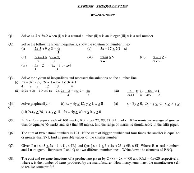LINEAR INEQUALITIES WORKSHEET Q1. Solve 4 x-7>5 x-2 when (i) x is a ...