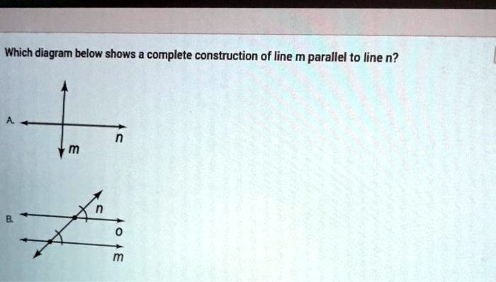SOLVED: Which diagram below shows a complete construction of line m parallel to line n?