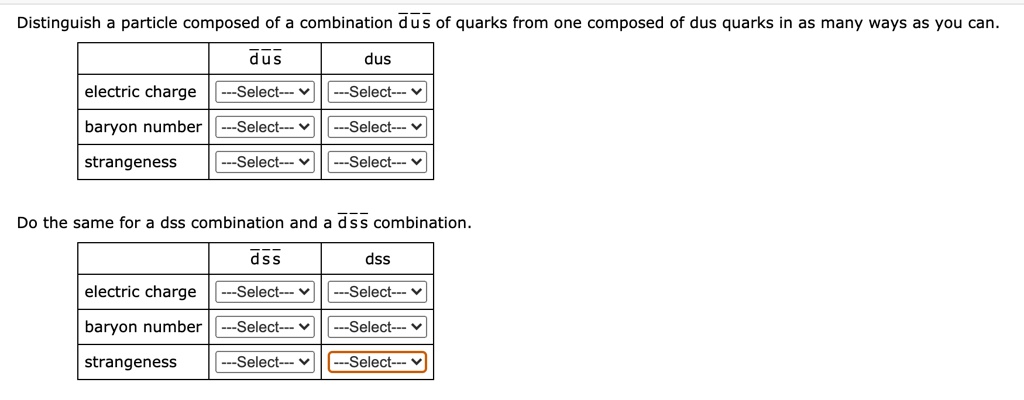 SOLVED: Distinguish particle composed of combination duS of quarks from ...