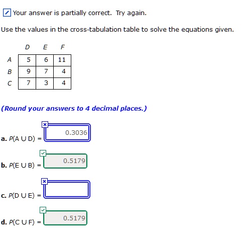 your answer is partially correct try again use the values in the cross tabulation table to solve ...