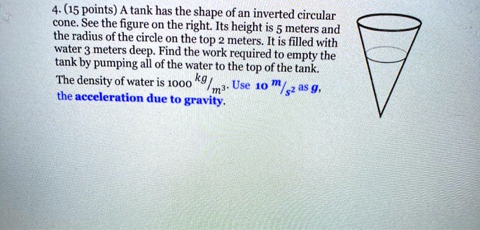 SOLVED: 4. (15 points) A tank has the shape ofan inverted circular cone ...