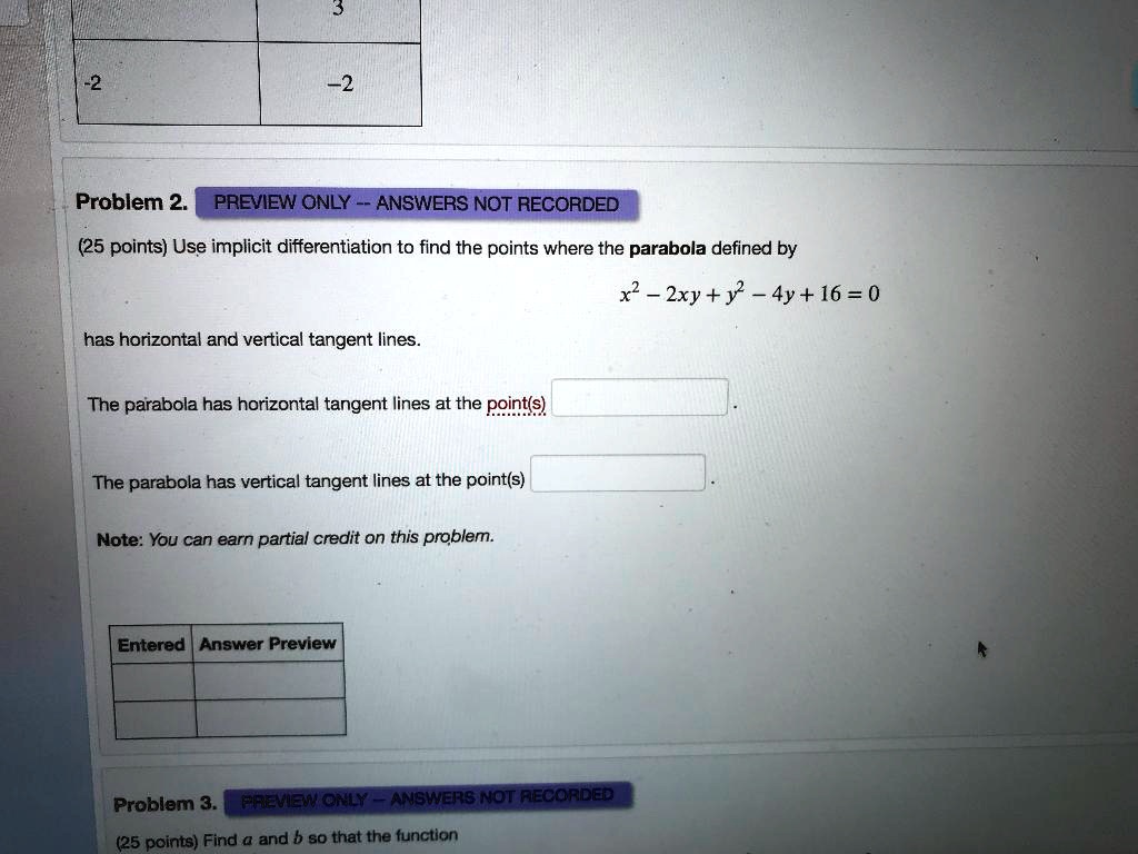 Problem 2. PREVIEW ONLY – ANSWERS NOT RECORDED (25 points)...