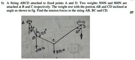 sir kindly solve this plz ba string abcd attached to fixed points a and dtwo weights 500n and ...