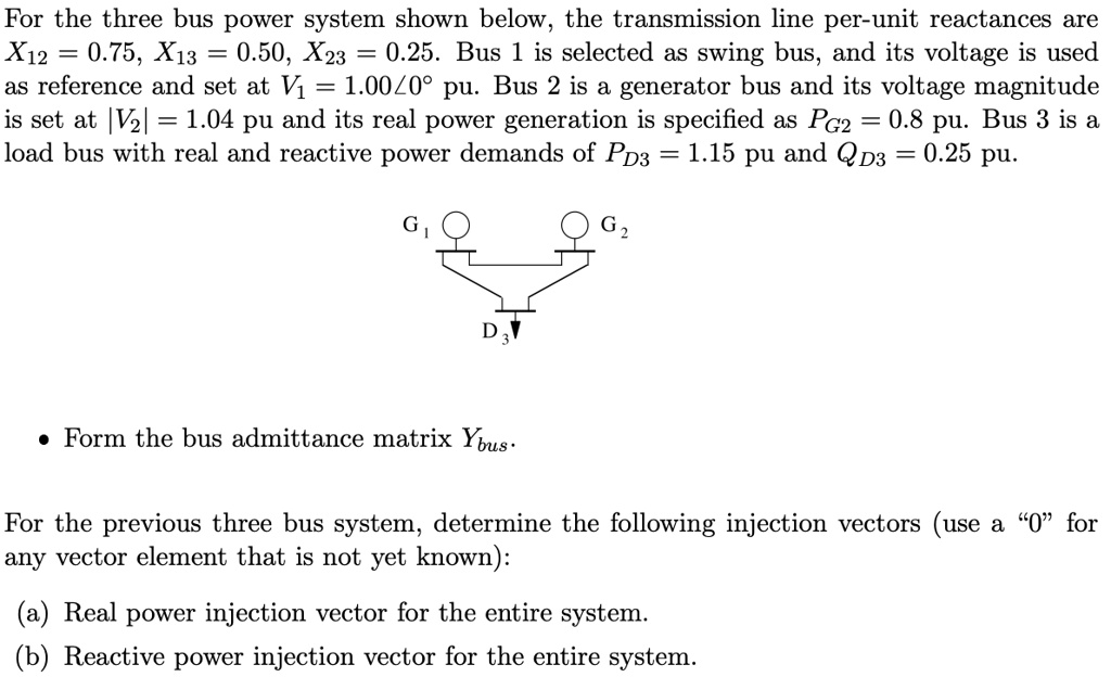 SOLVED: For the three-bus power system shown below, the transmission line per-unit reactances ...