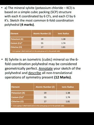 SOLVED: a) The mineral sylvite (potassium chloride KCl) is based on ...