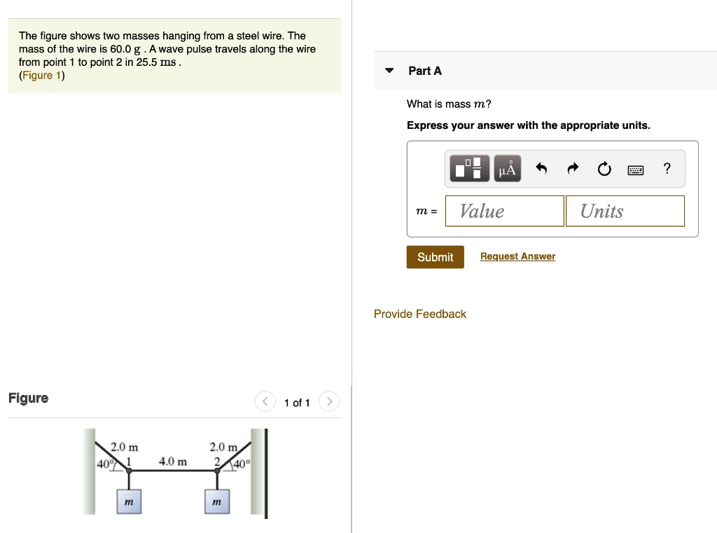 The figure shows two masses hanging from a steel wire. The mass of the wire is 60.0 g. A wave ...
