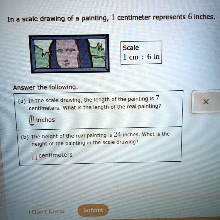 In a scale drawing of a painting, 1 centimeter represents 6 inches ...