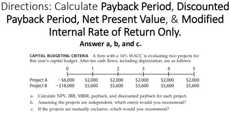 Directions: Calculate Payback Period, Discounted Payback Period, Net Present Value, Modified ...